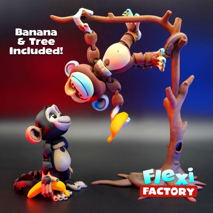 3D Printable Flexi Factory Monkey, Banana and Tree with 3MF Files Included! by Flexi Factory